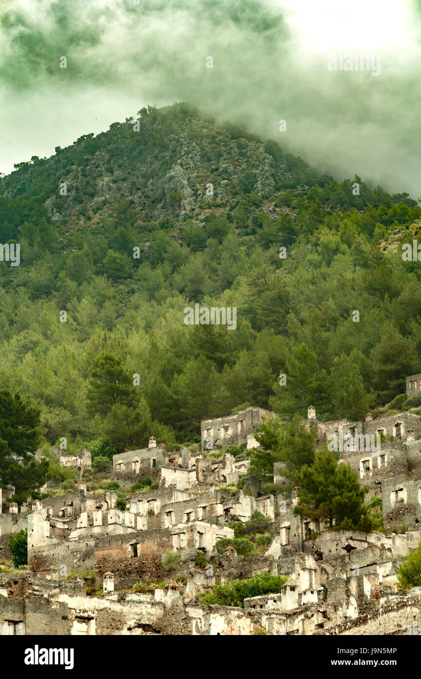 The deserted Turkish "ghost town" village in Kayakoy, Turkey Stock ...