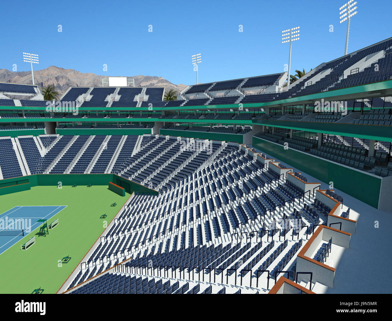 3D render of beautiful modern tennis stadium with hard court surface ...