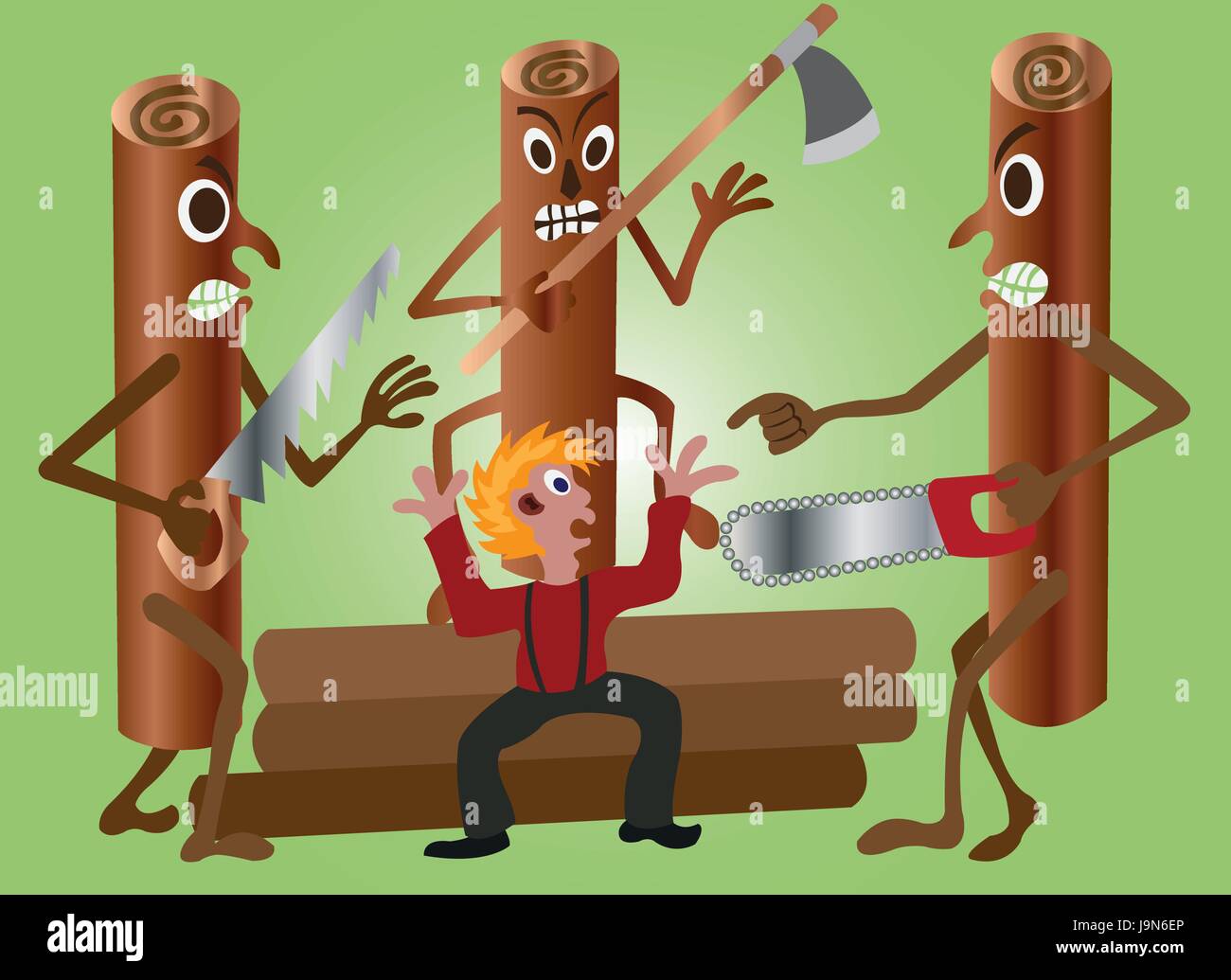 a lumberman being attacked by the logs of wood he had cut Stock Vector ...