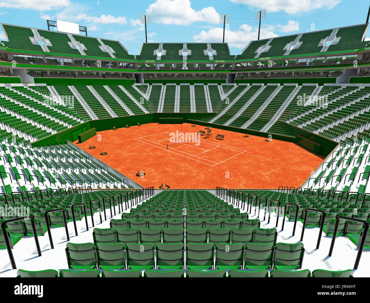 Beautiful modern tennis clay court stadium with green seats for fifteen ...