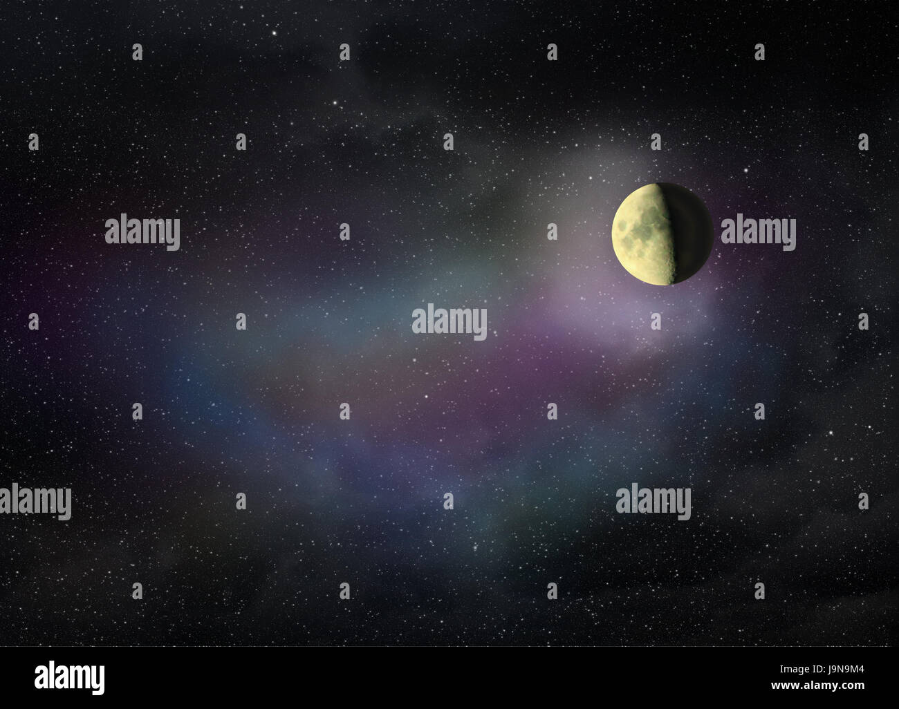 Moon glowing in the dark night sky with stars. Cosmic landscape. Moon ...
