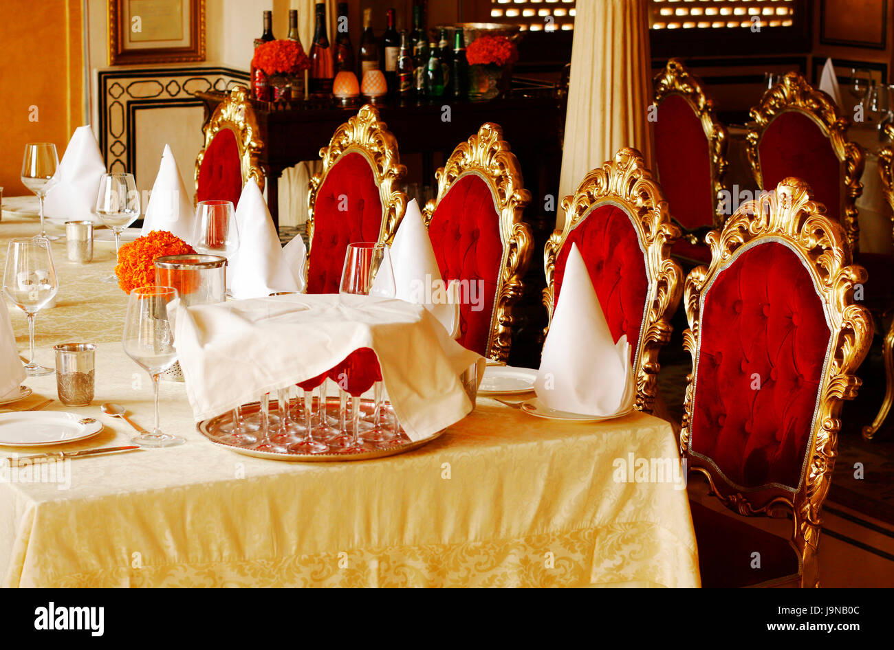 Single row of chairs of Dinning table in 1135 AD restaurant inside ...