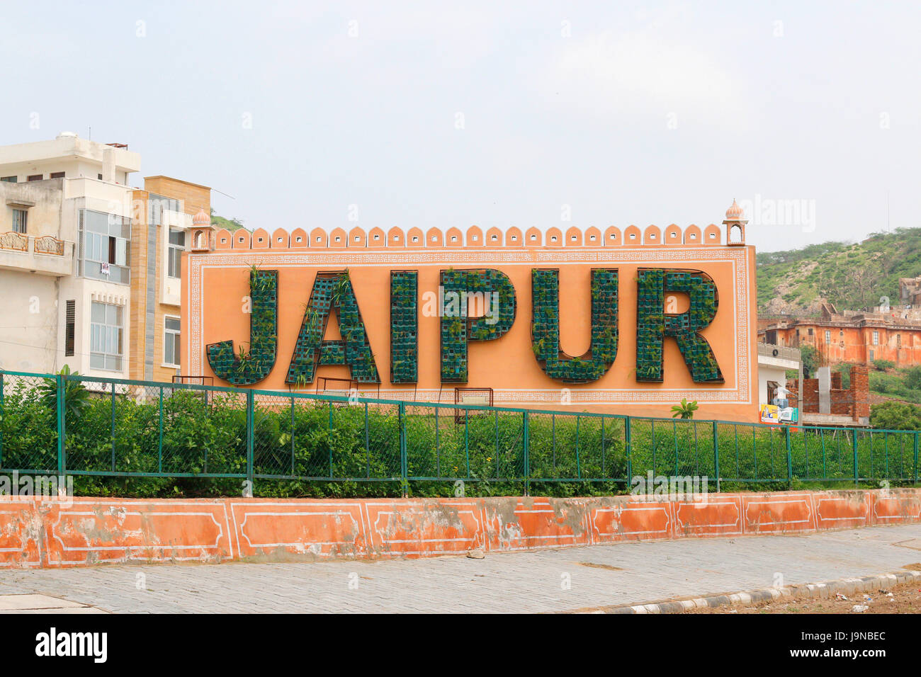 Jaipur (rajasthan's capital) city name written out of grass in city ...