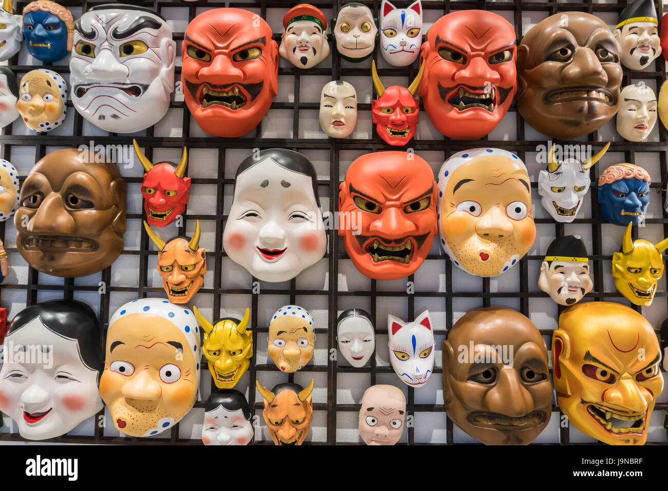Group of Japan traditional mask culture on wall Stock Photo - Alamy