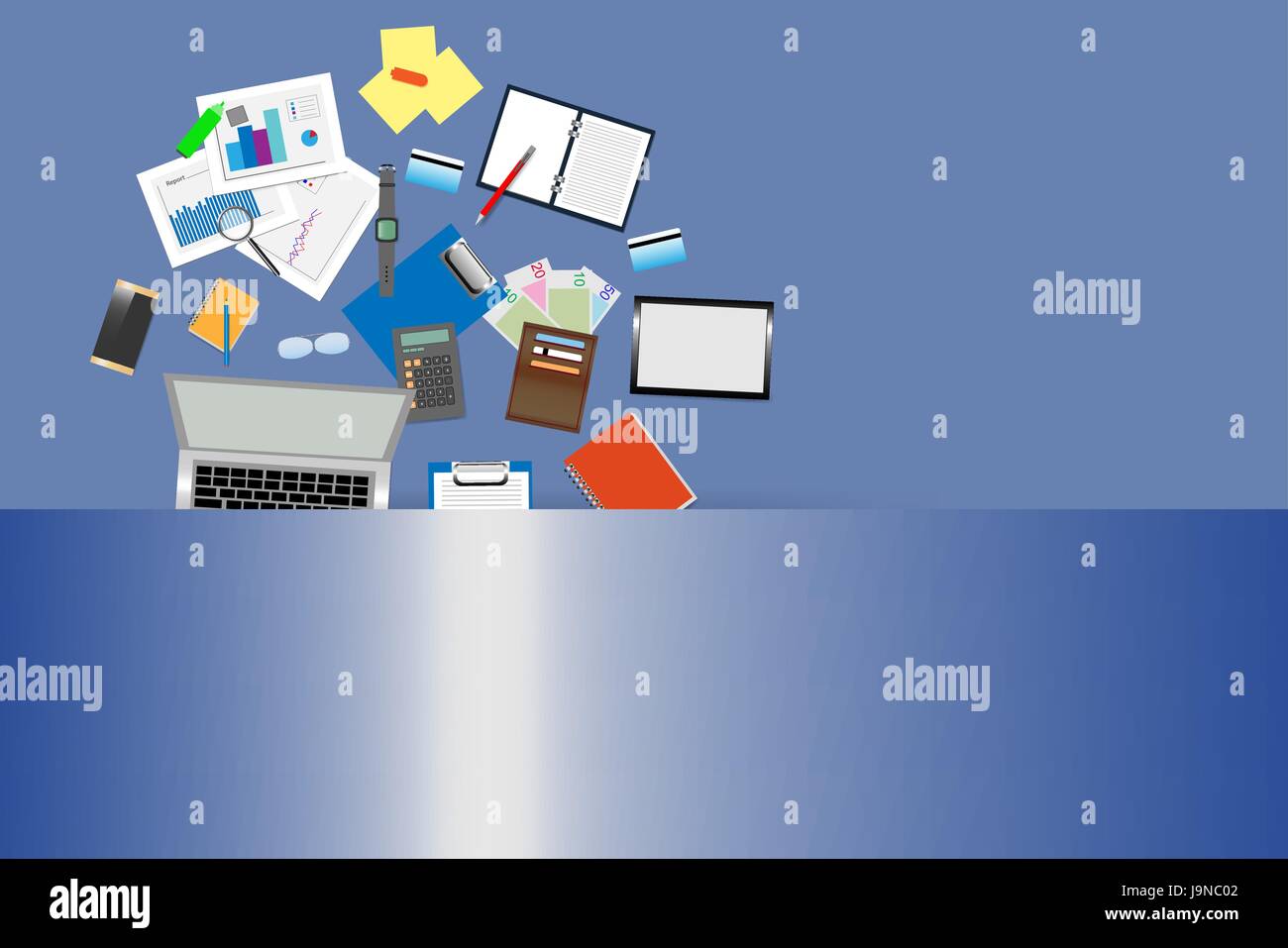 Falling business objects on the blue gradient background Stock Vector ...