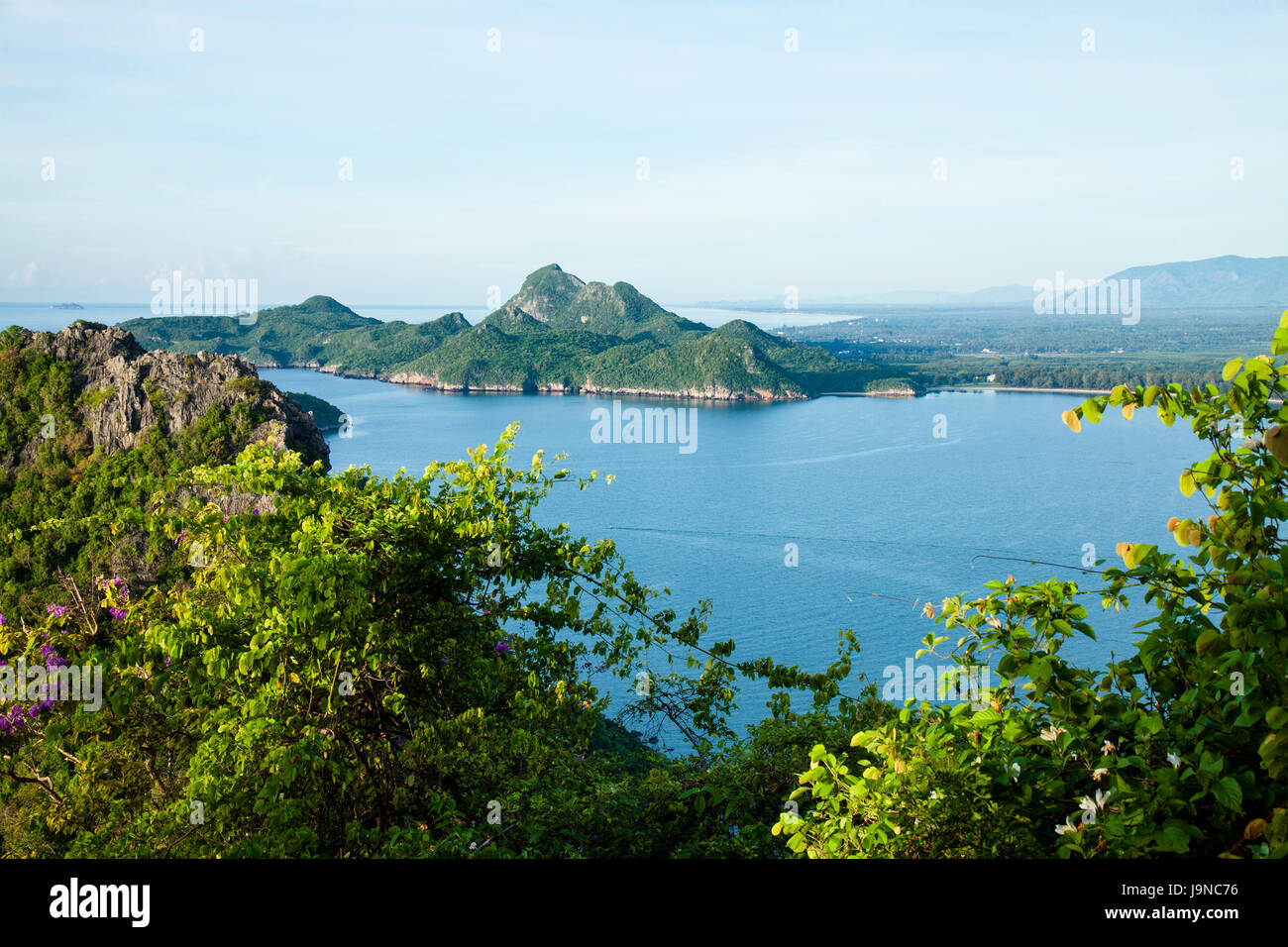 Amazing summer landscape with mountains sea blue sky sun and beautiful ...