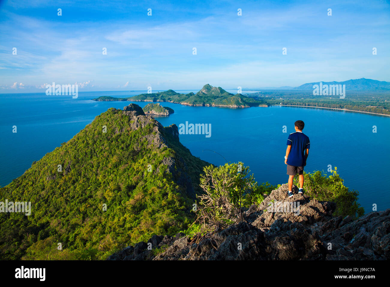 Amazing summer landscape with mountains sea blue sky sun and beautiful ...