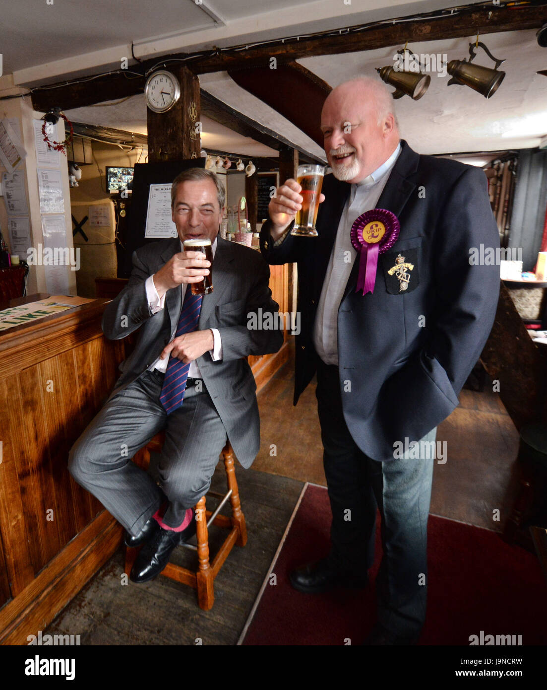 Former Ukip leader Nigel Farage has a pint in a pub in South Thanet ...