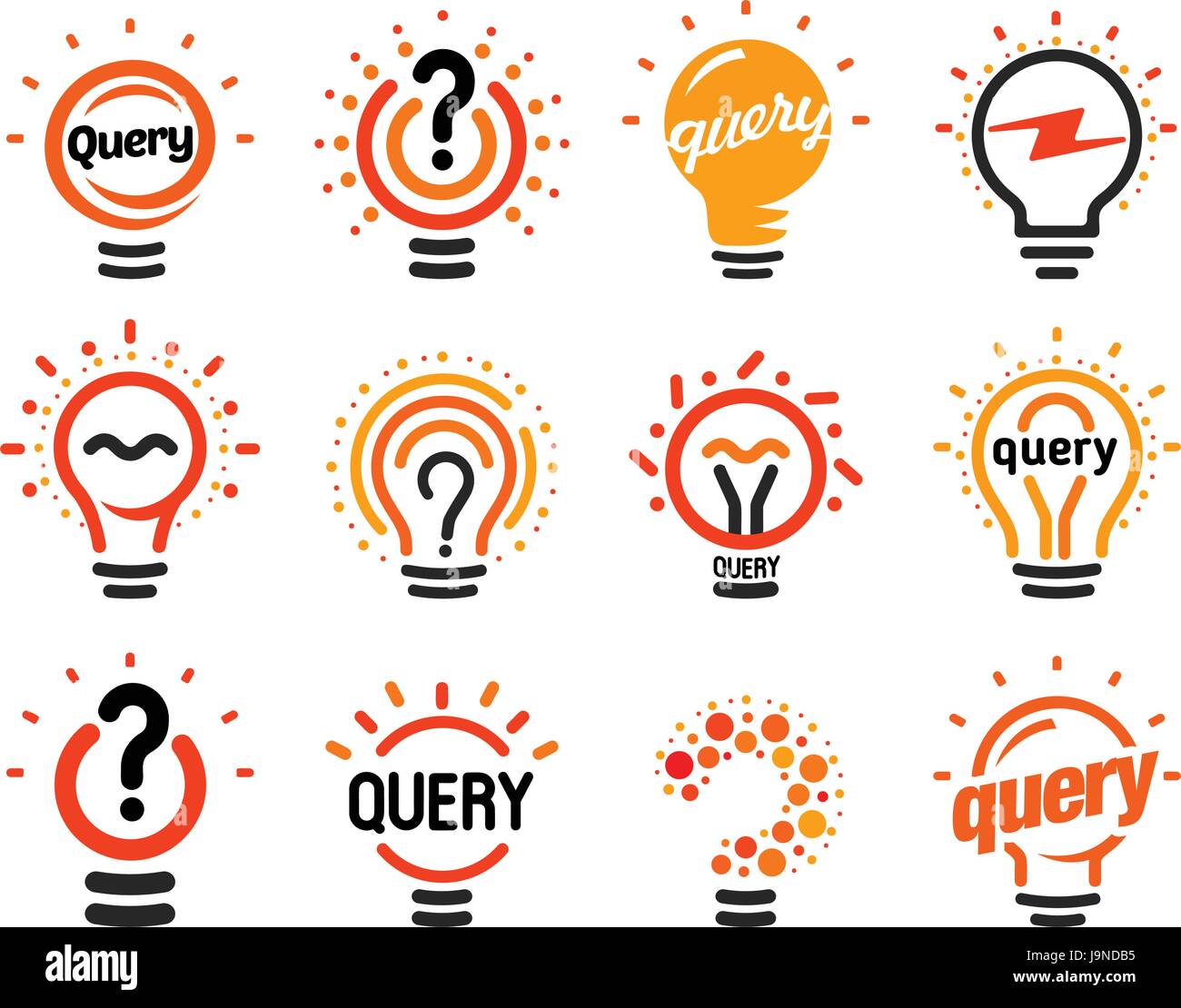 New question mark symbols, flat bright cartoon bulbs. White and orange ...
