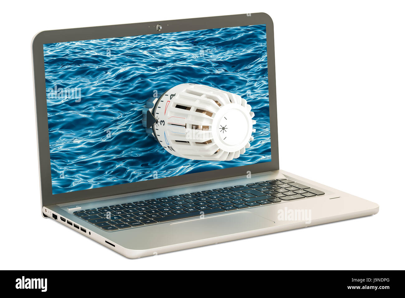 Laptop with radiator thermostatic valve. 3D rendering isolated on white ...