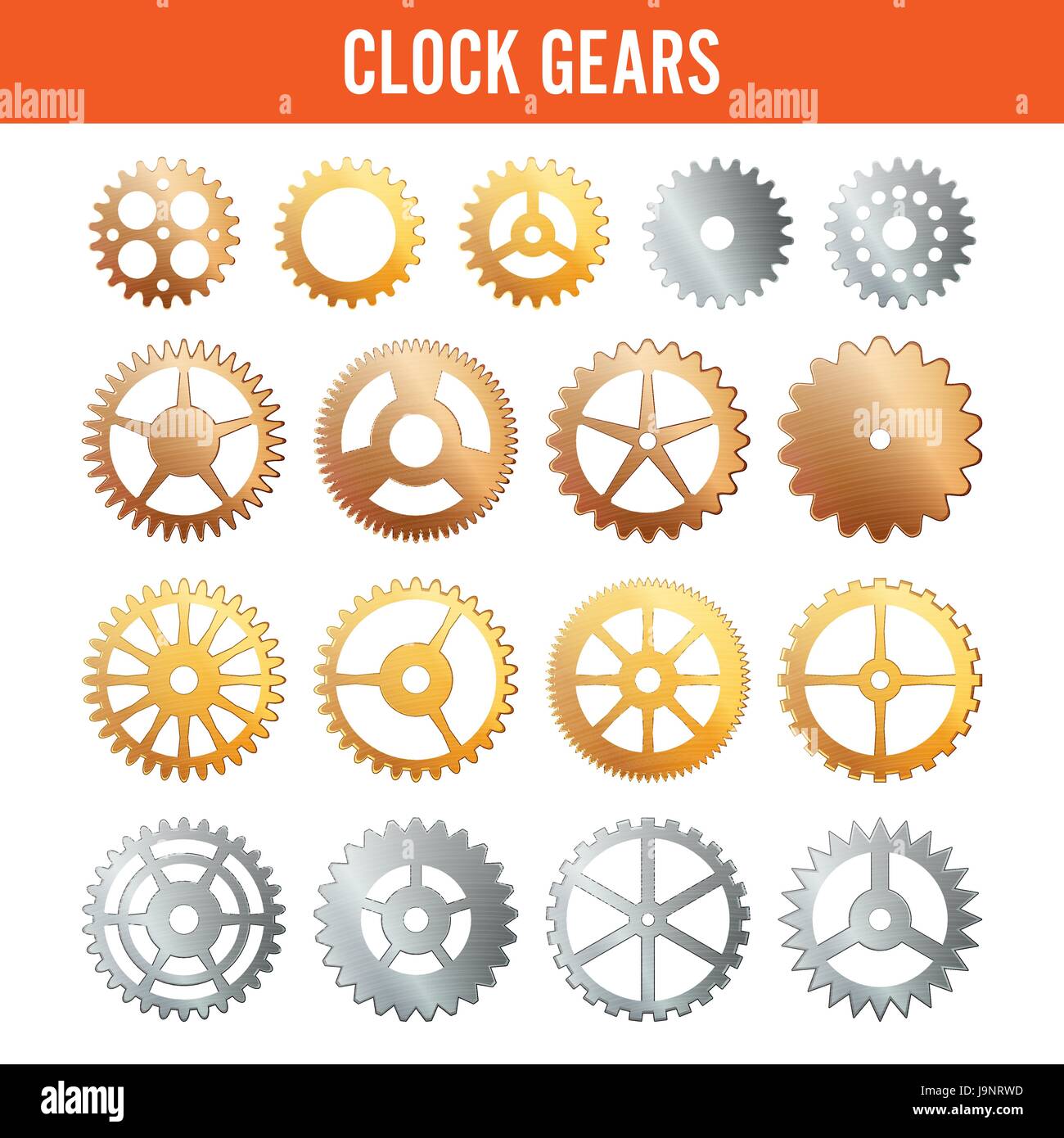 Vector Clock Gears. Metal Icons Isolated On White. Silver, Gold, Bronze Stock Vector Image & Art ...