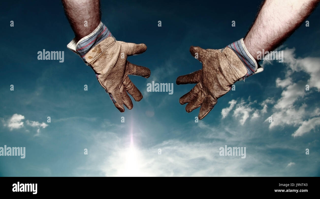 hand, extend, stretch, gloves, firmament, sky, clouds, blue, hand ...