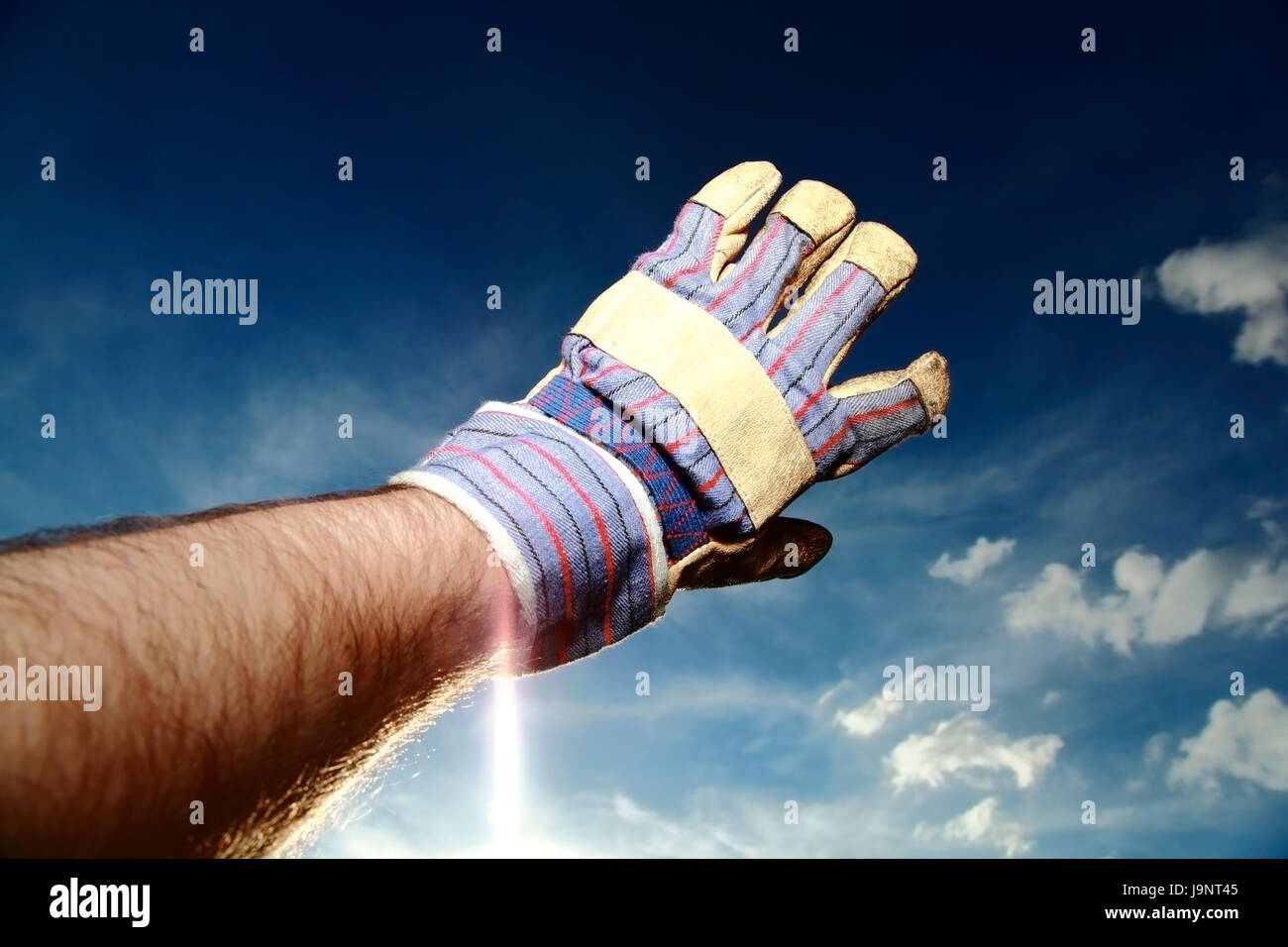 hand, extend, stretch, gloves, firmament, sky, blue, hand, extend Stock ...