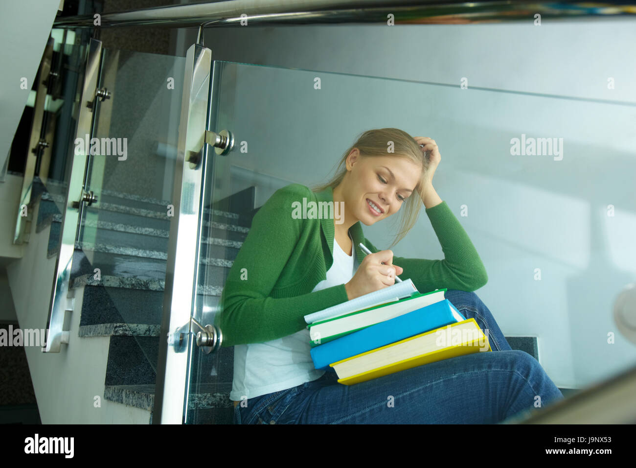 woman, study, stairs, humans, human beings, people, folk, persons ...