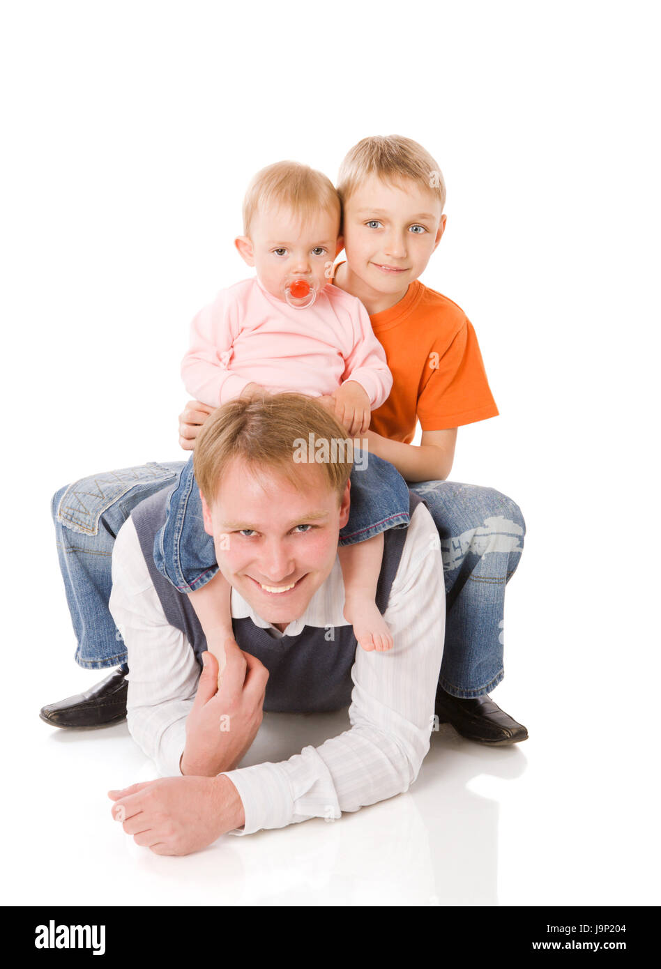 Happy Father with two kids together isolated on white Stock Photo - Alamy