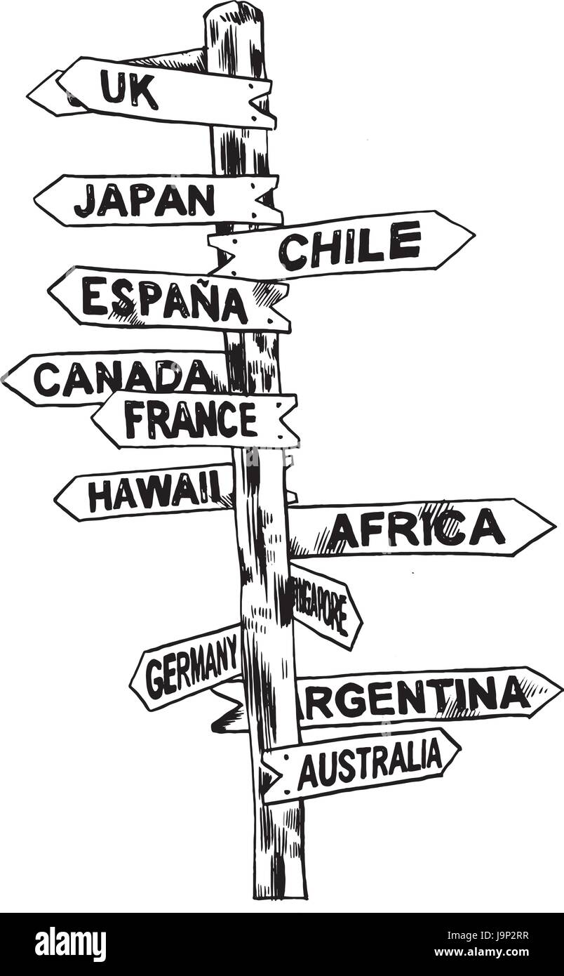 Direction signs different countries. Isolated illustration. Vector ...