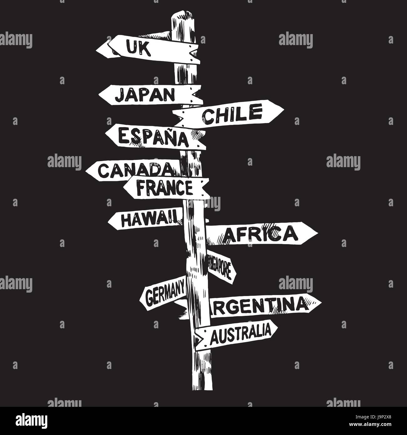 Direction signs different countries. Isolated illustration. Vector ...