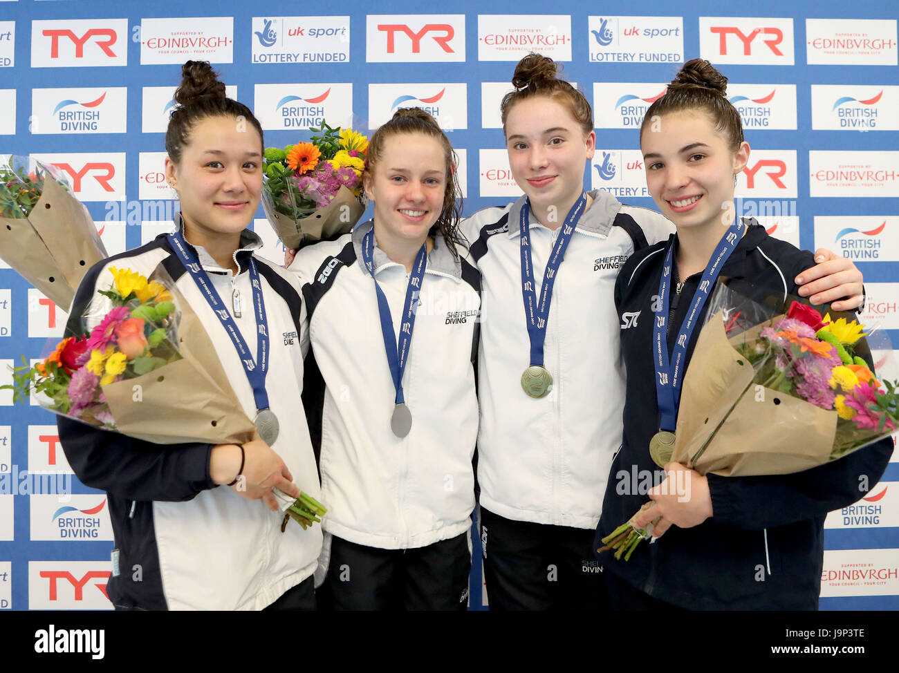 On the podium for the Women's 3m Synchro is (from left) Millie Haffety ...