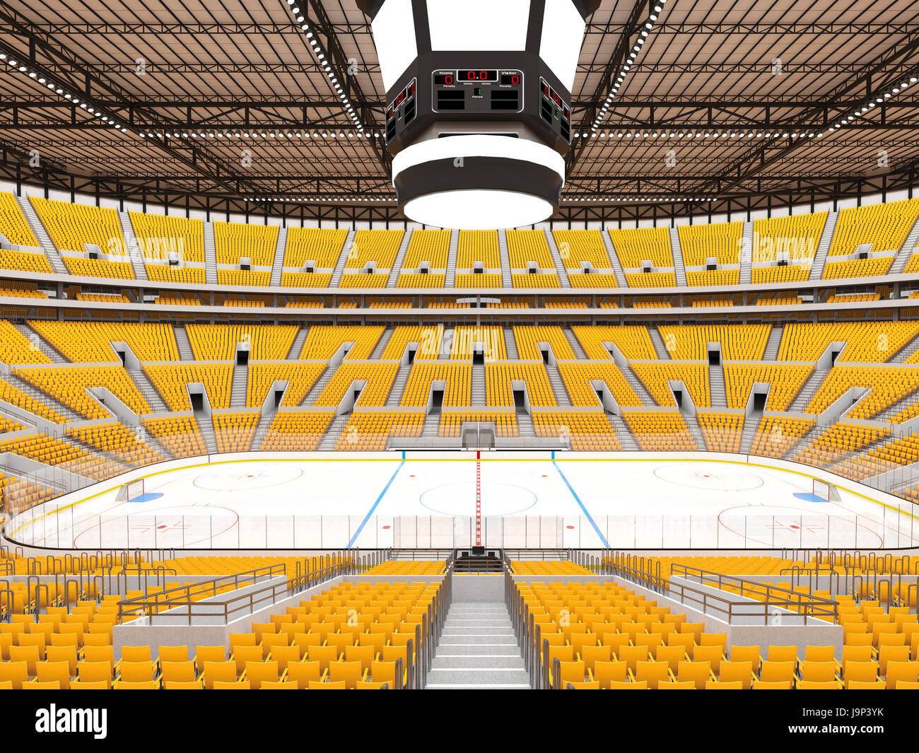 3D render of beautiful sports arena for ice hockey with yellow seats ...