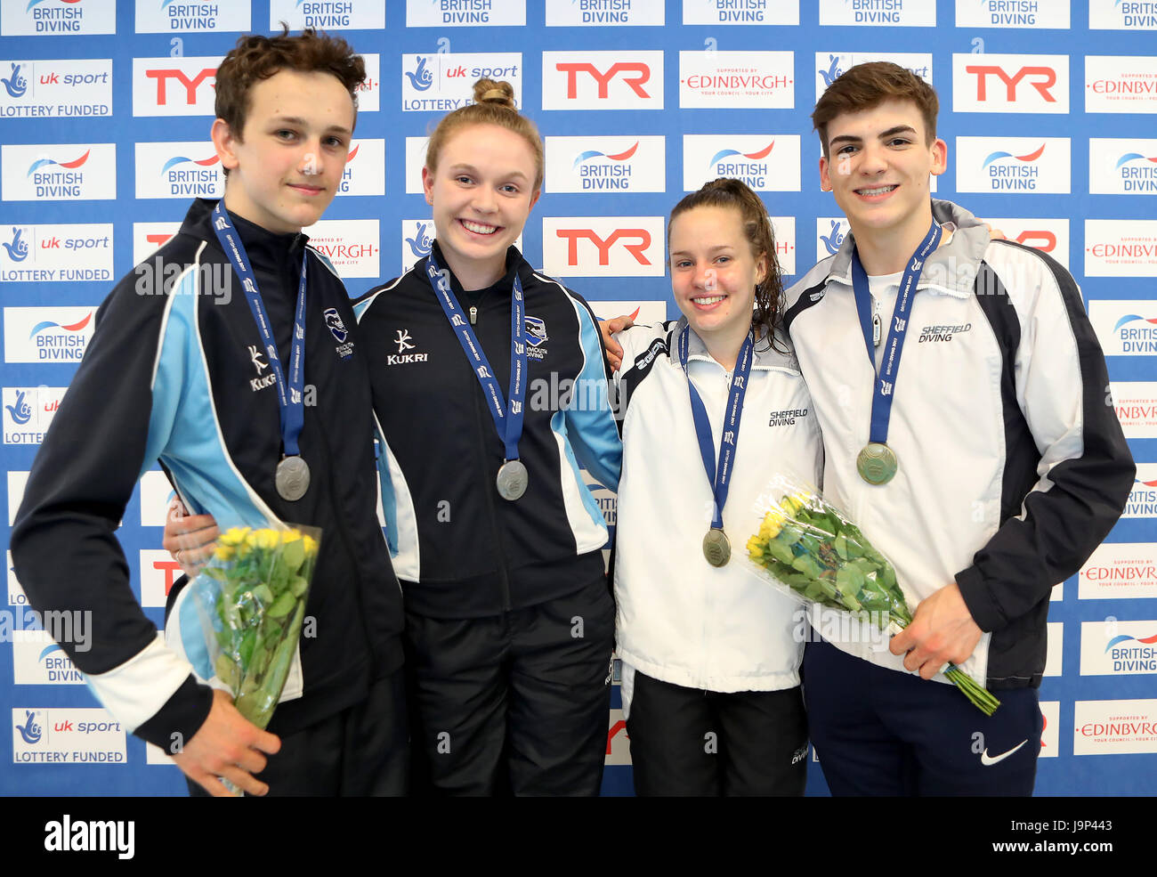 On the podium for the Mixed 10m Synchro is (from left) Aidan Heslop and ...
