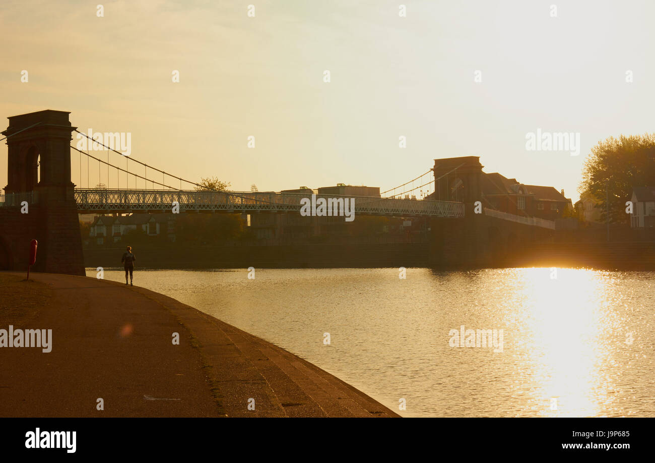 Wilford Suspension Bridge and river Trent at dawn, Victoria Embankment ...