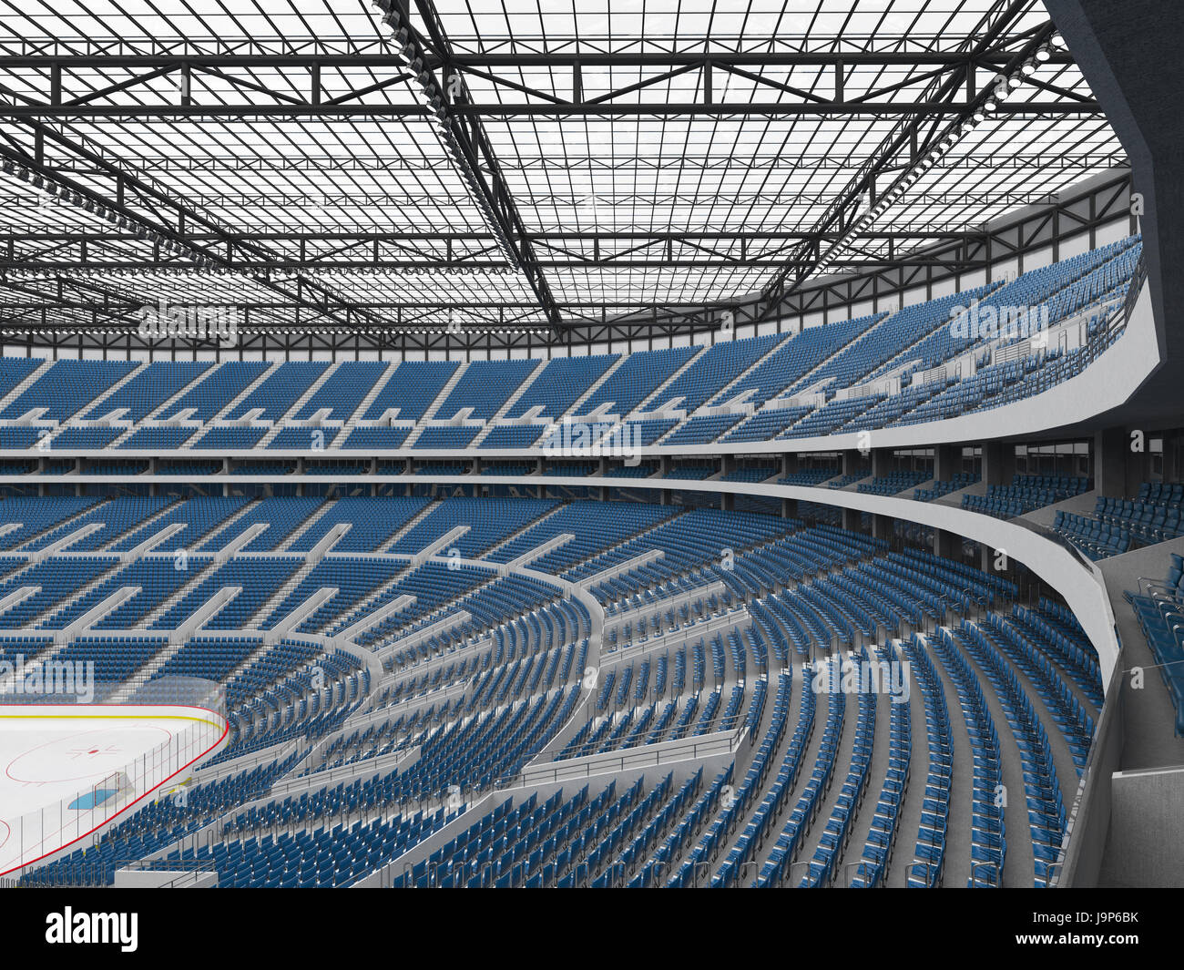 3D render of beautiful sports arena for ice hockey with blue seats and ...