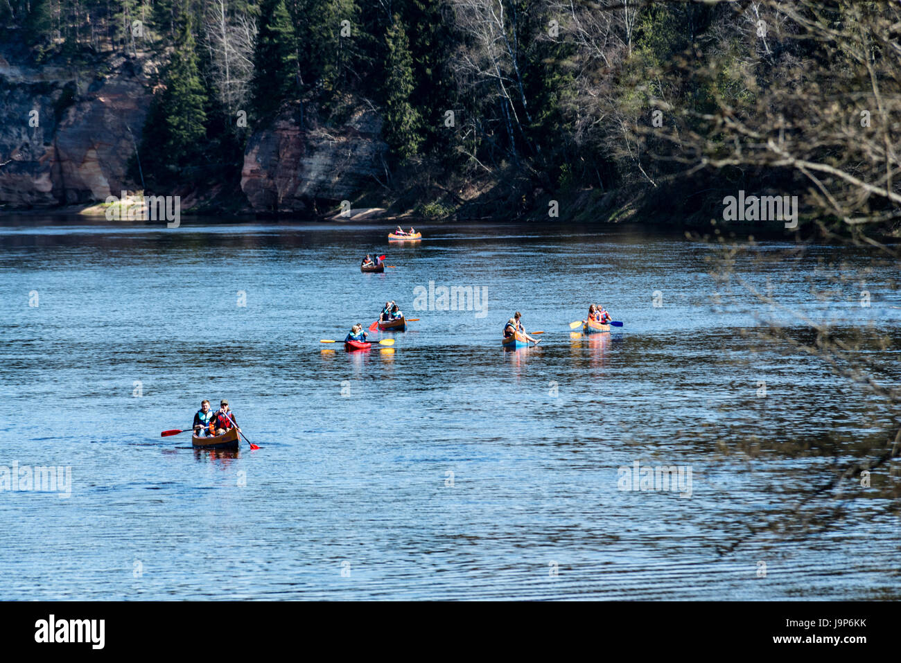 tourists enjoying water sports, kayaking in wild river - Sigulda ...