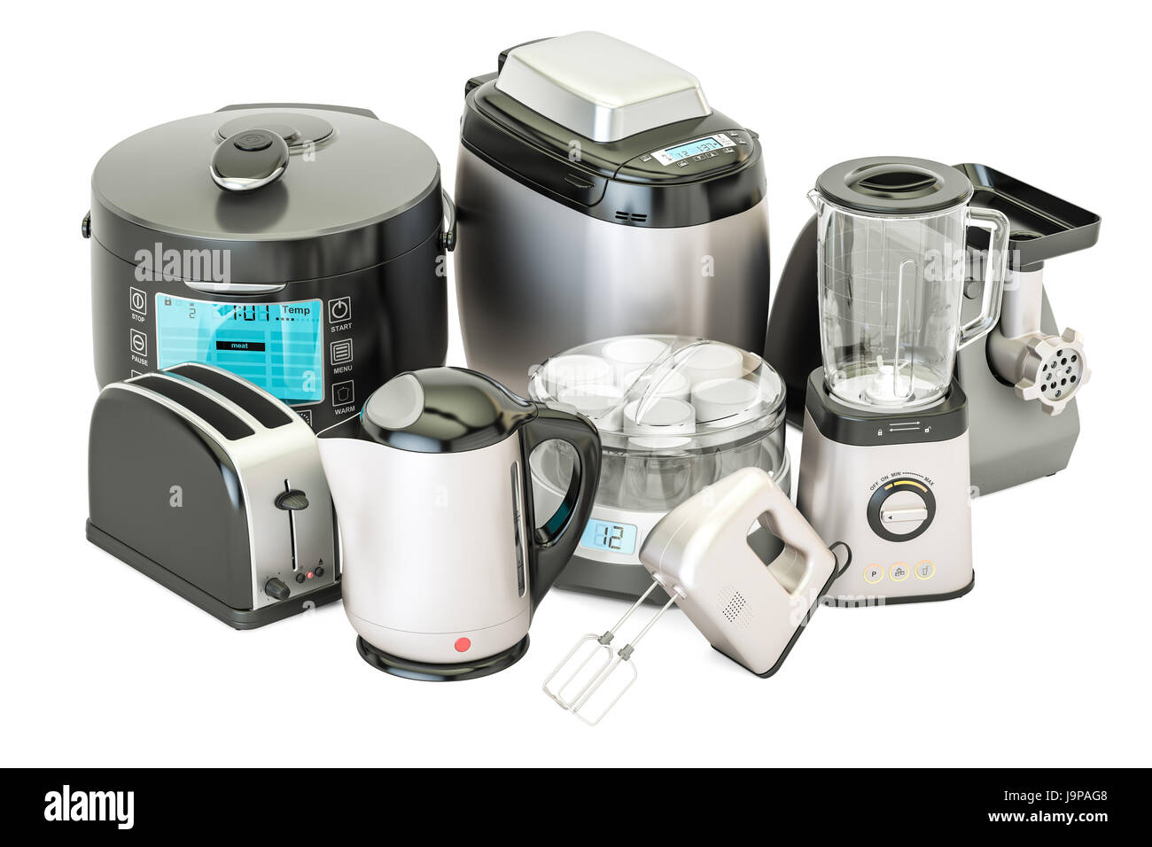 Set of kitchen home appliances. Toaster, kettle, mixer, blender ...