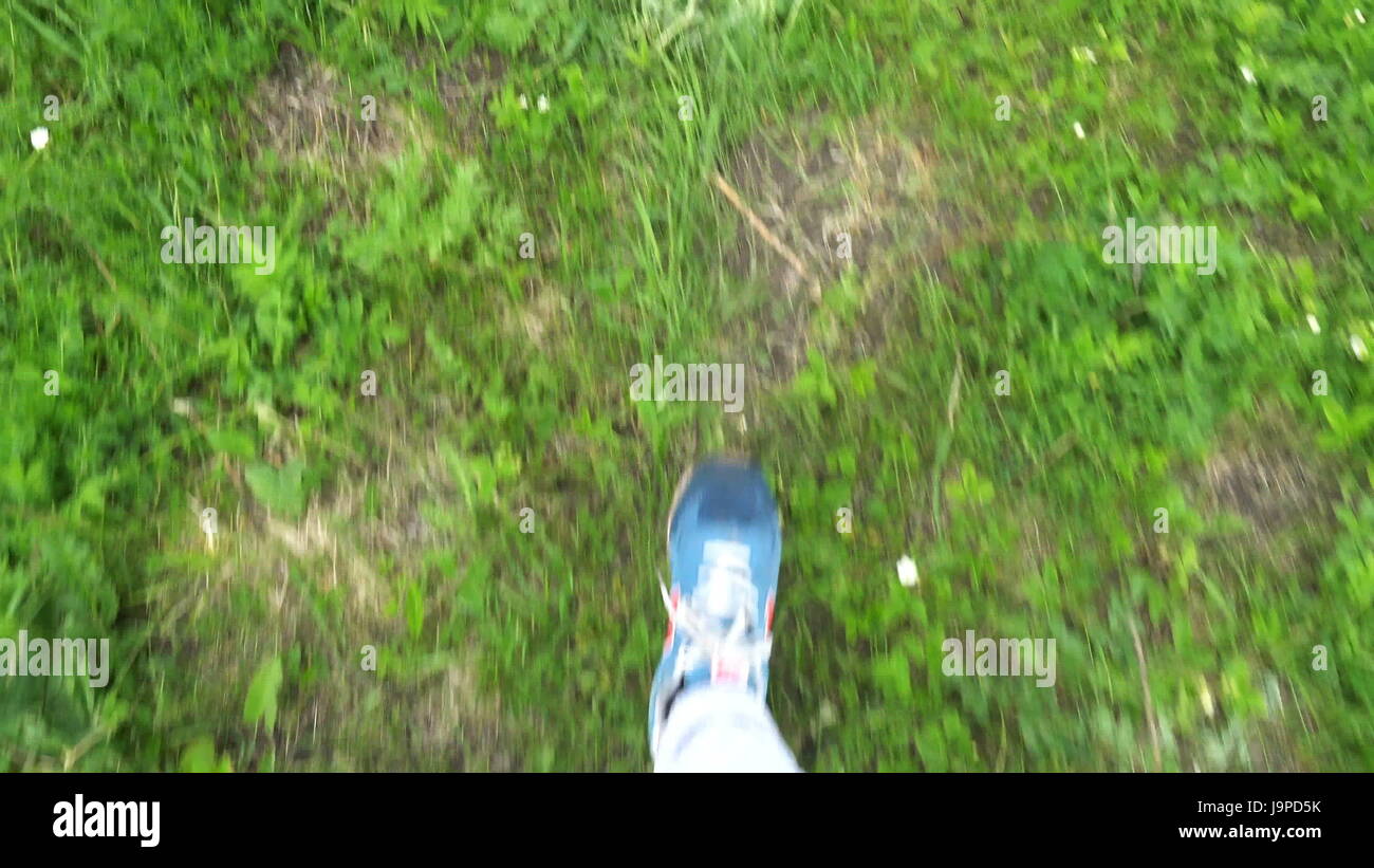 Walking in a green grass field, looking down, first-person view Stock ...