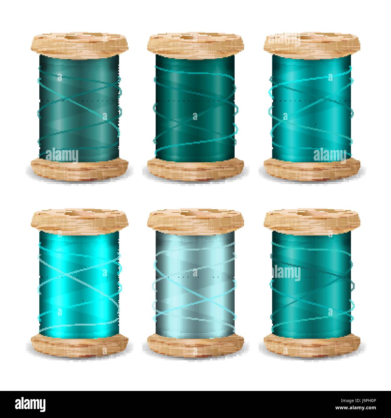 Thread Spool Set. Bright Old Wooden Bobbin. Isolated On White ...