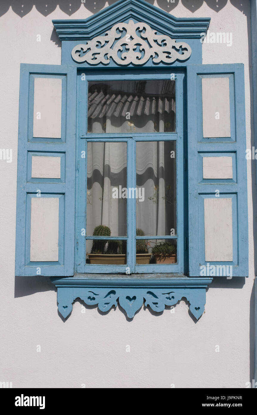 Pretty window with light blue window frame,Karkakol,Kirghizistan Stock ...