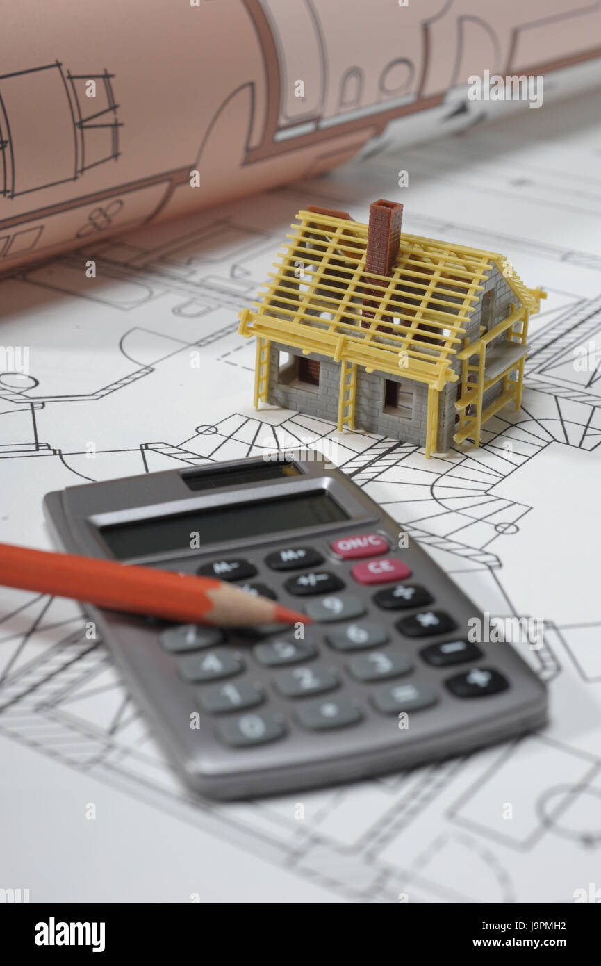Architecture,architect's plan,model house,electronic calculator,red pen ...