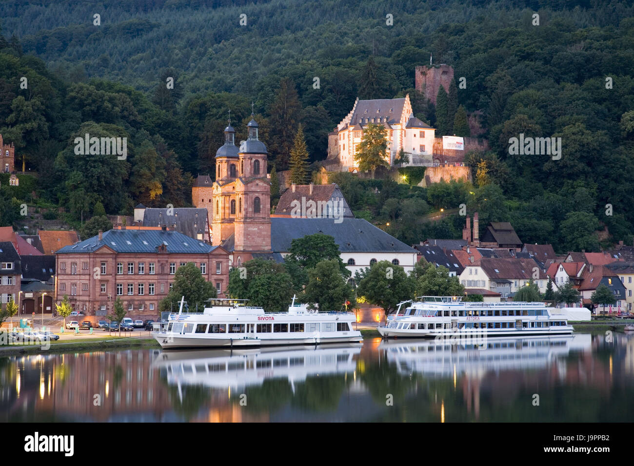 Germany,Bavaria,mountain Milten,town view,castle,church,flux Main ...