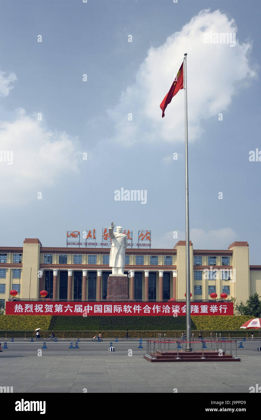 China,Sichuan,Chengdu,Peoples Square,museum,Mao-Statue,flag,sky,clouds ...