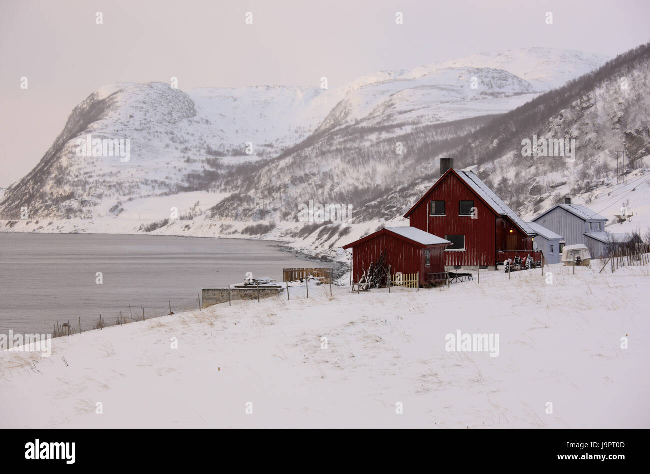 Norway,Finnmark,Porsangerfjord,Porsanger peninsula,wooden house ...