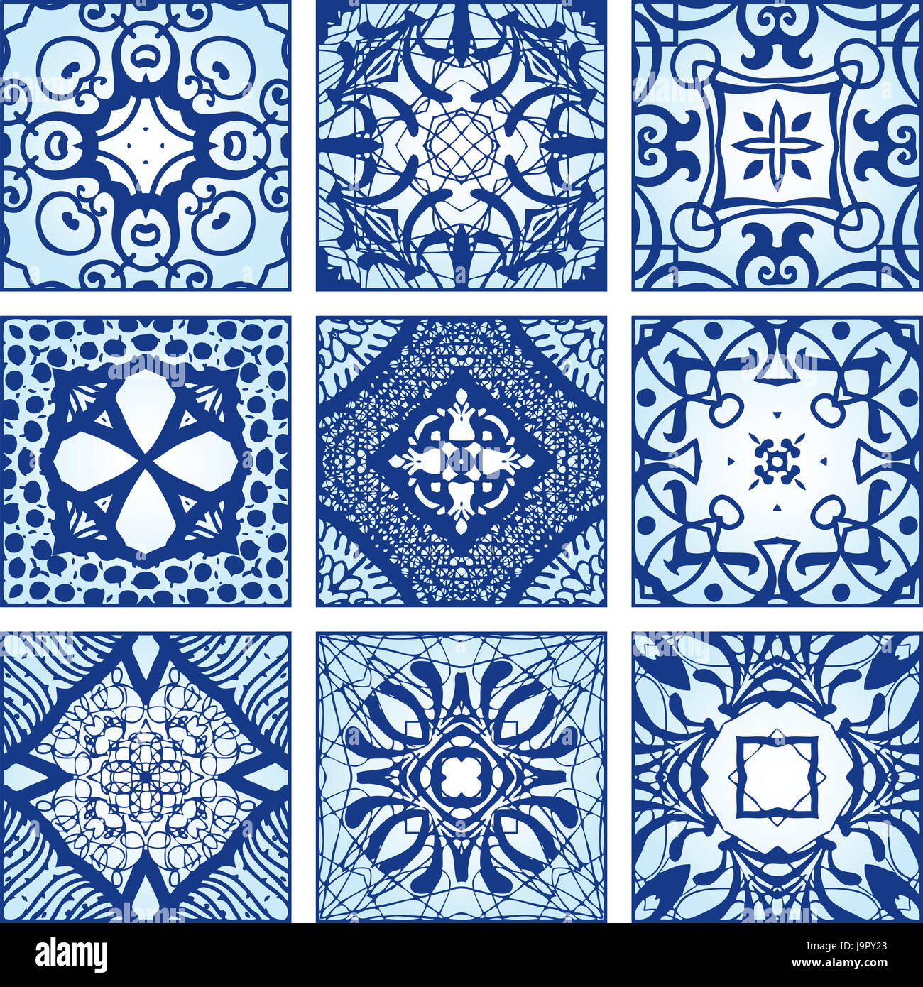 Nine vintage blue tile patterns Stock Photo - Alamy
