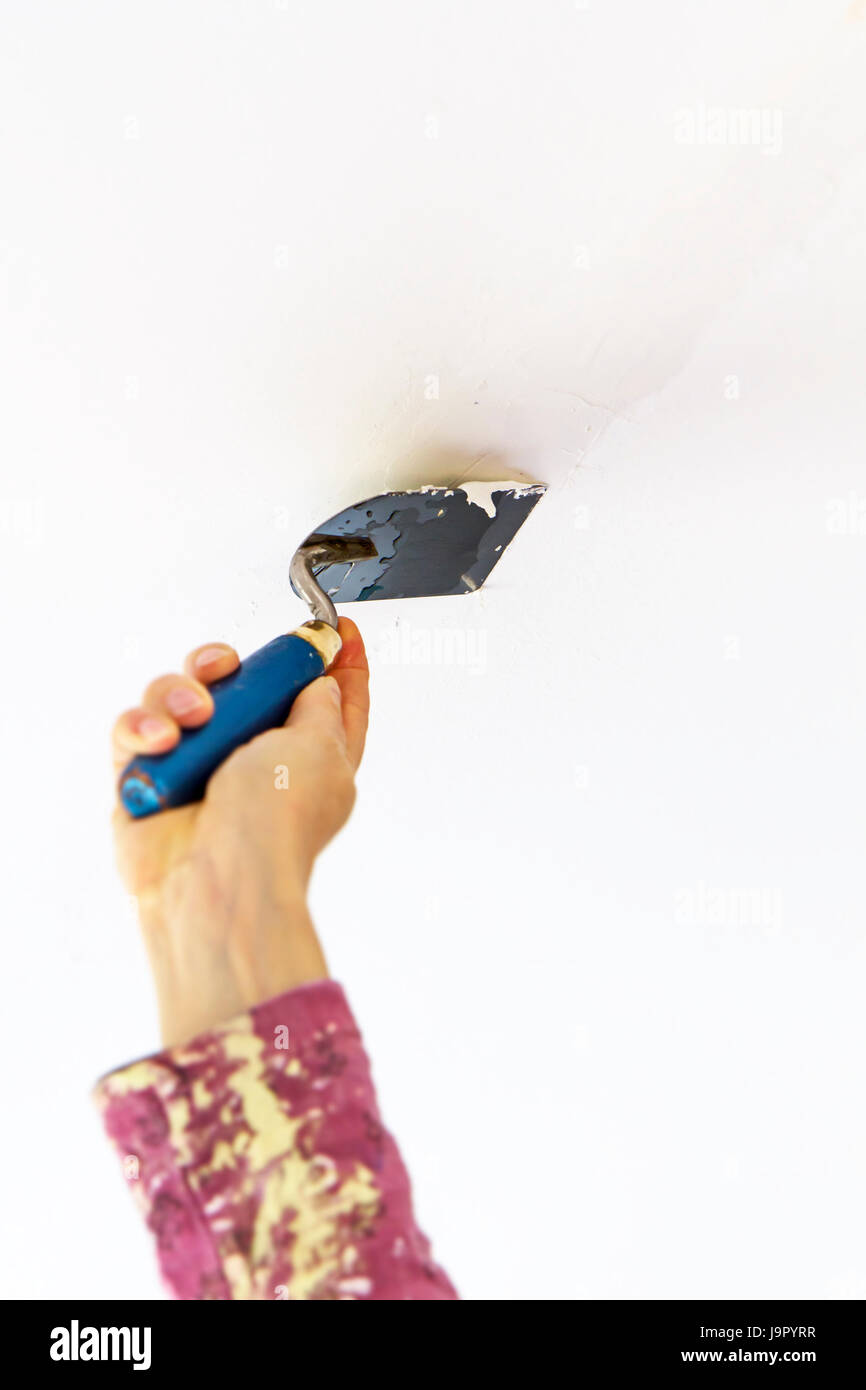 hand, finger, renovate, spatula, putty, ceiling, wall, make, hand ...