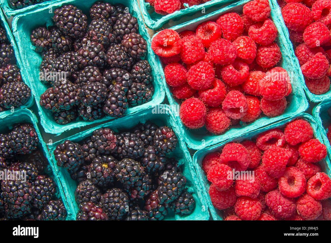 Fresh raspberries and blackberries on display at the USDA Farmers ...