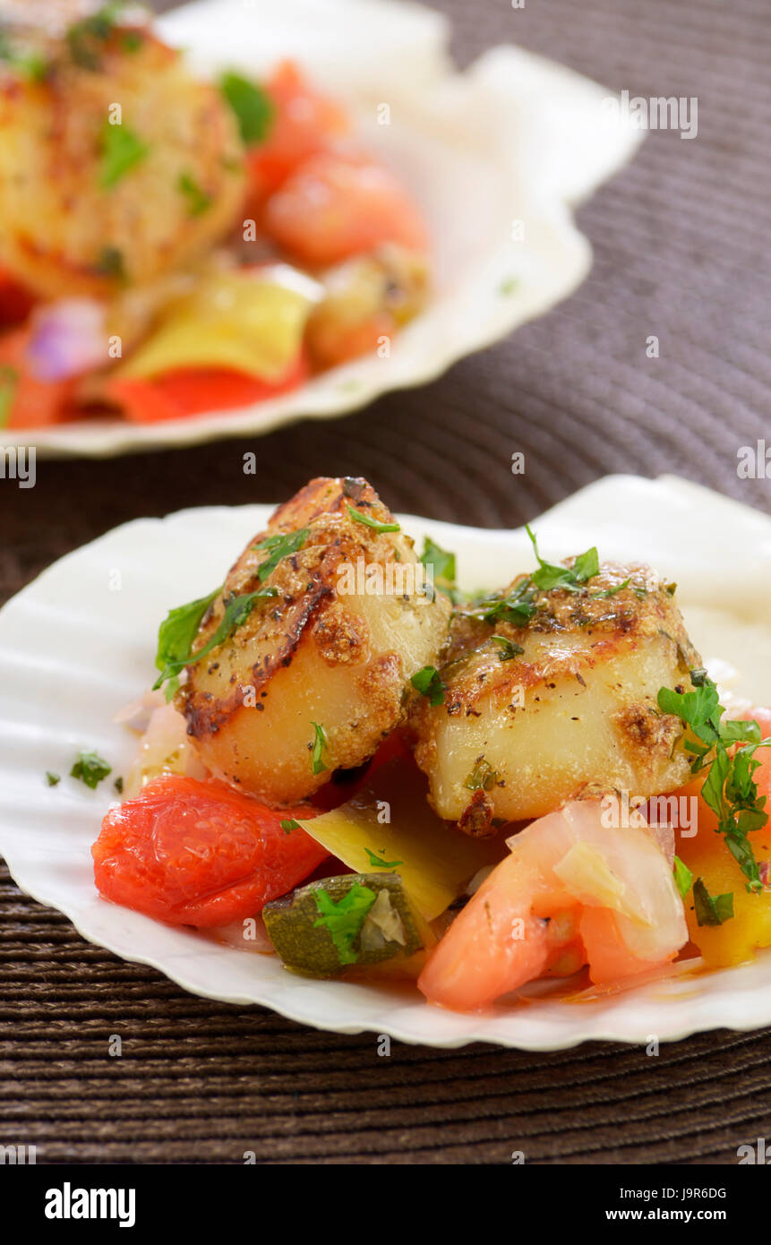 shell, shellfish, seafood, grilled, seared, appetizer, vegetables ...