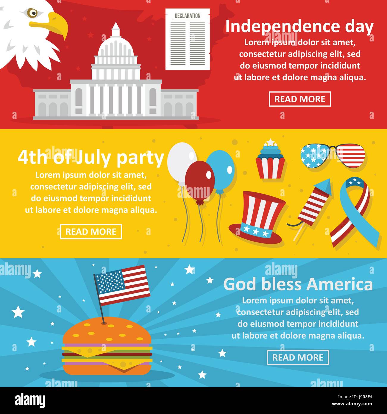 America holiday banner horizontal set, flat style Stock Vector Image ...