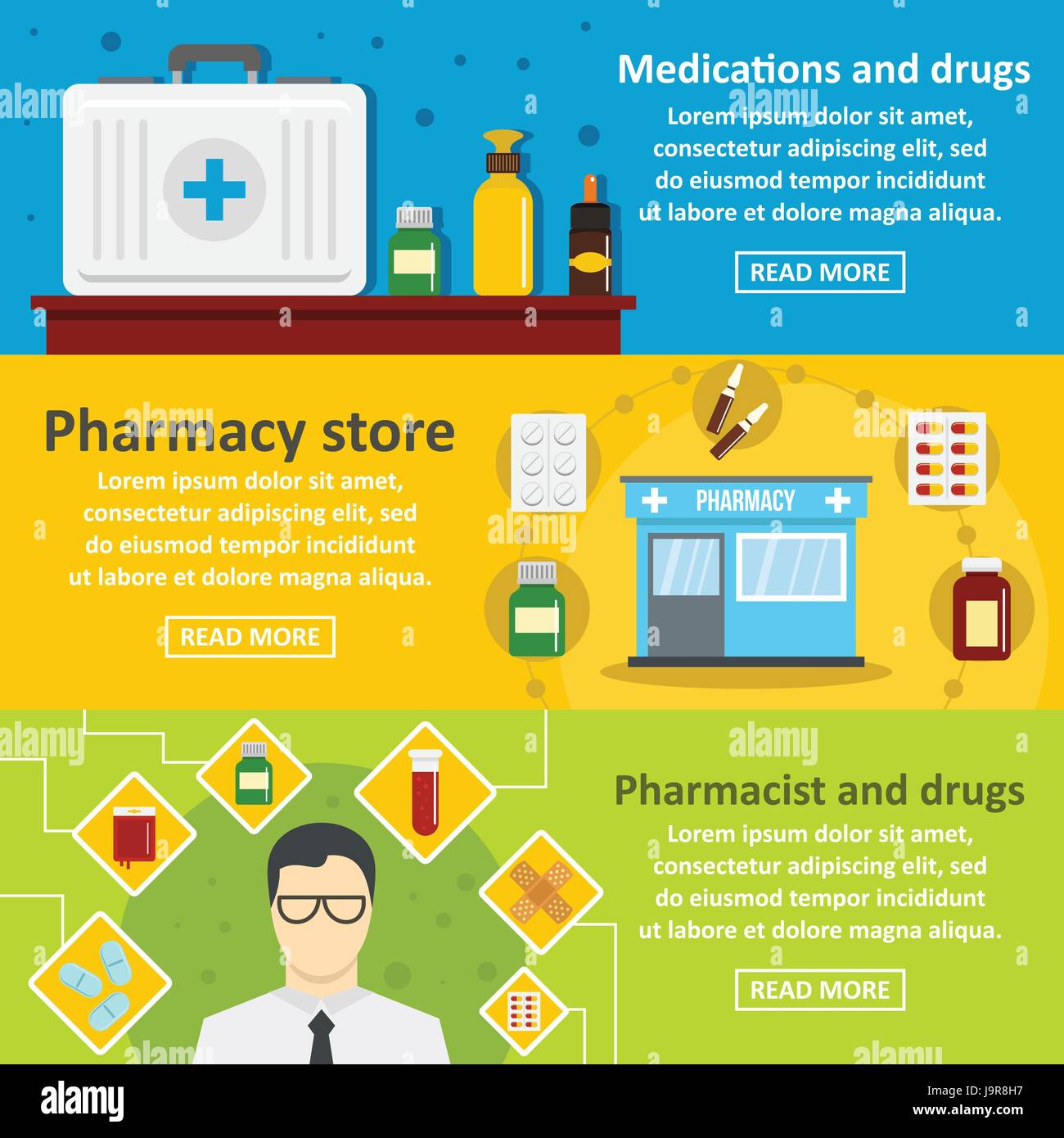 Pharmacy drugs banner horizontal set, flat style Stock Vector Image ...