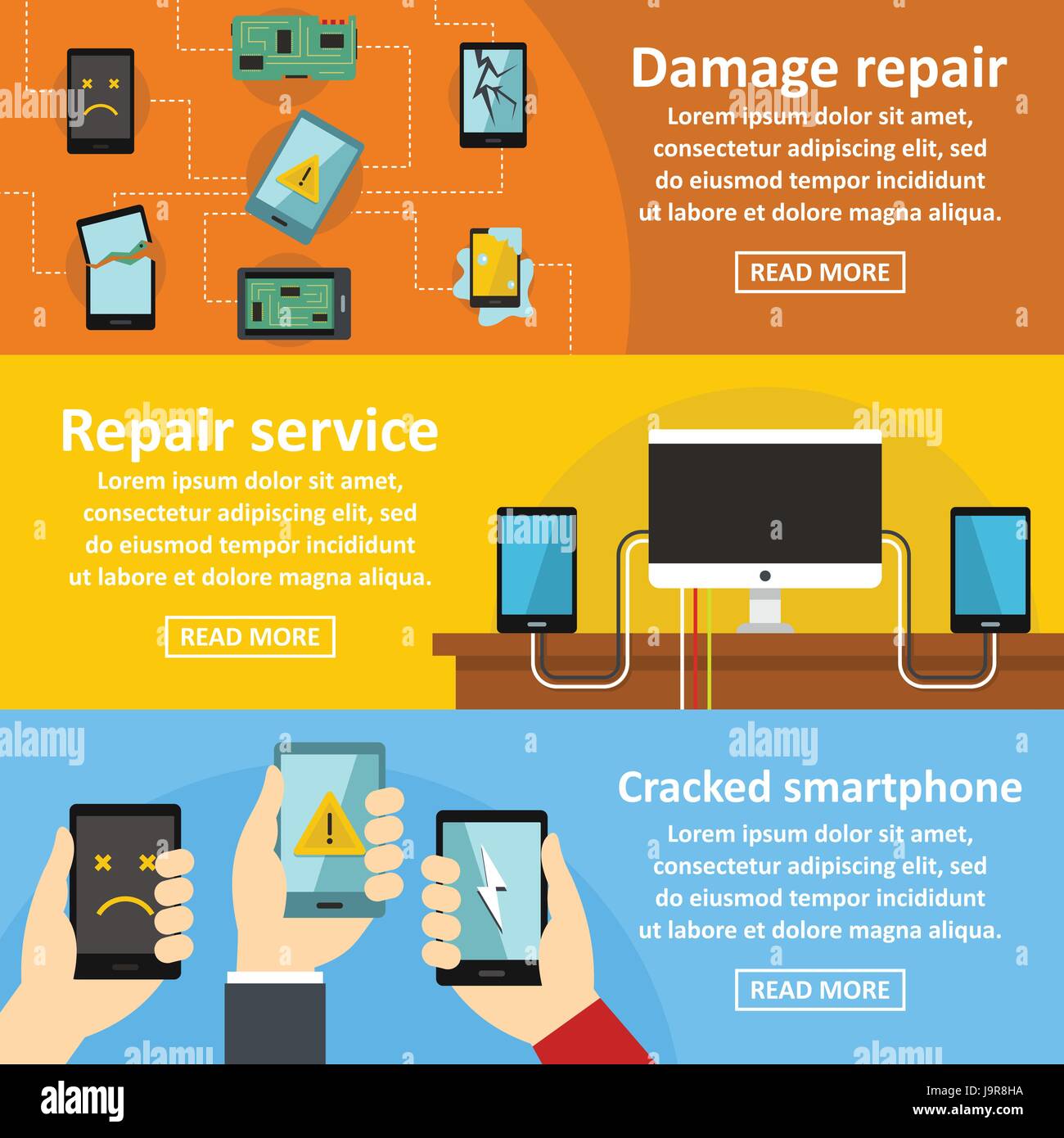 Repair cellphone banner horizontal set, flat style Stock Vector Image ...