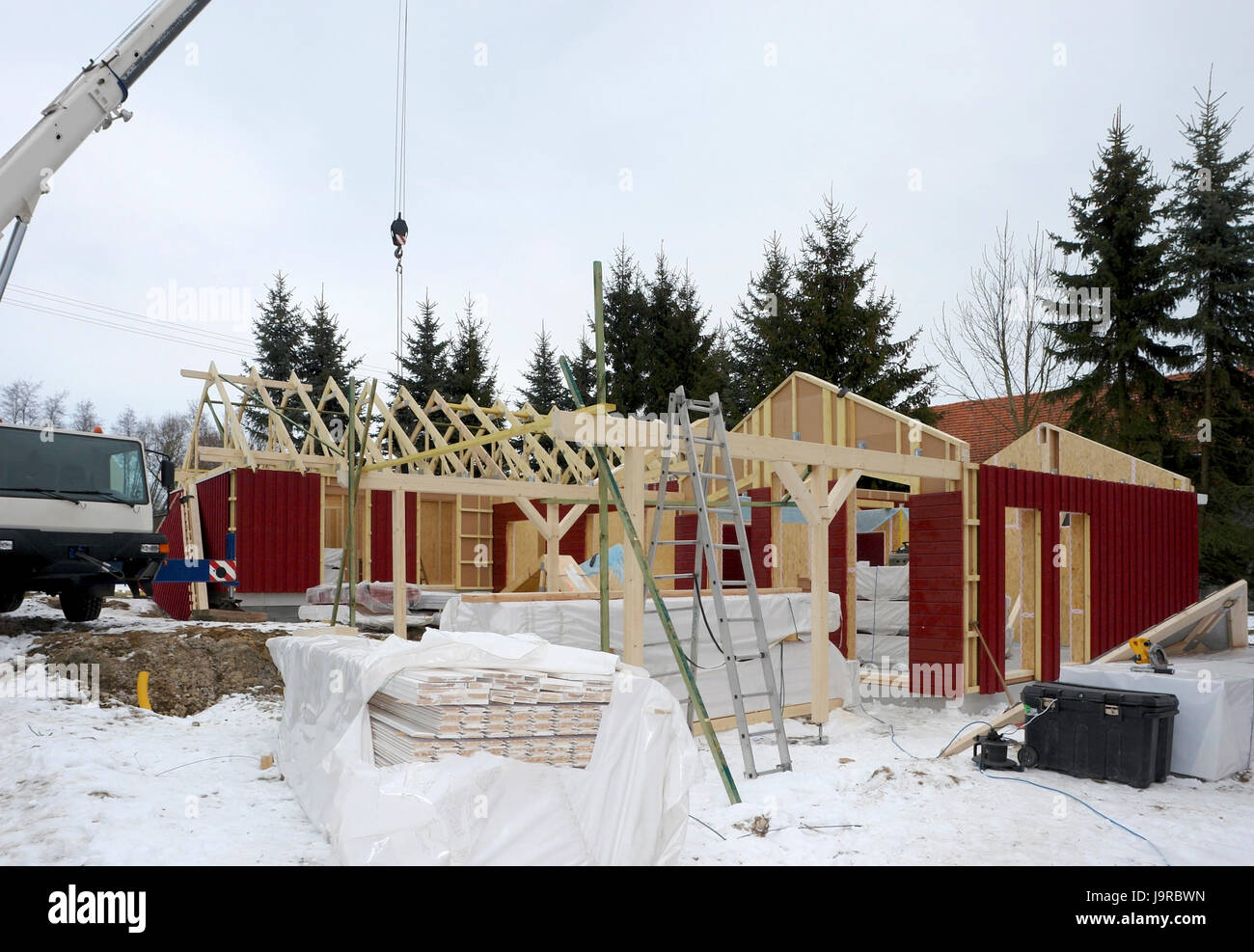 building activity, prefabricated house, crane, winter, industry, wood ...