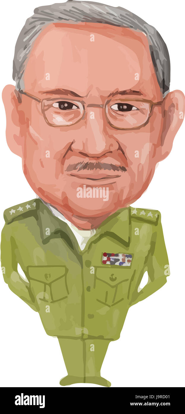 Water color caricature illustration of the President of Cuba, Raul ...