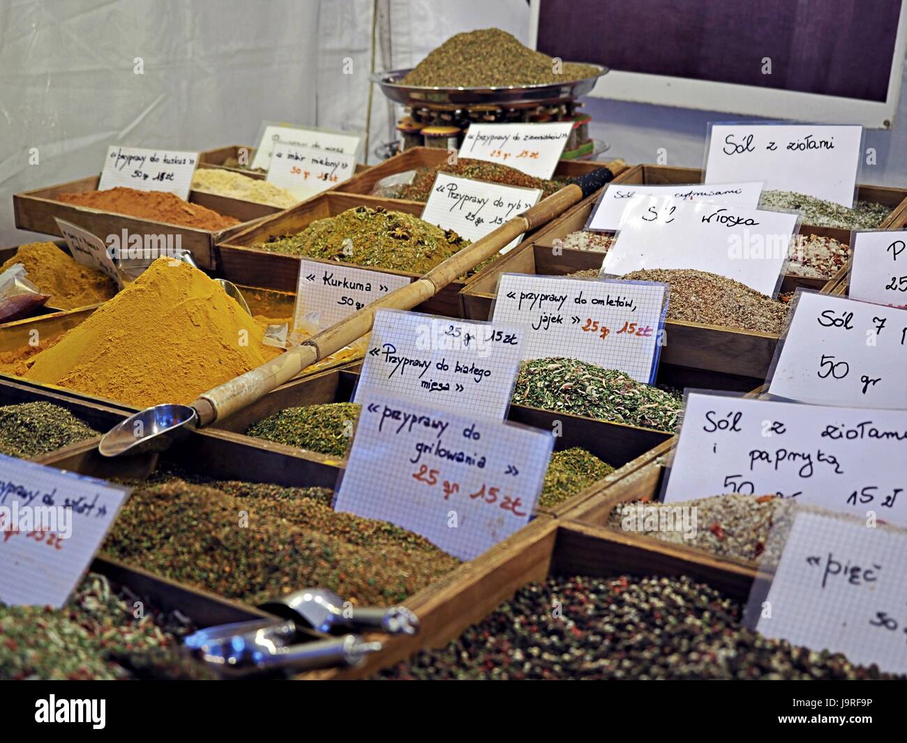 Stall, stand with spices for salad, pepper, chili, colorful, street ...