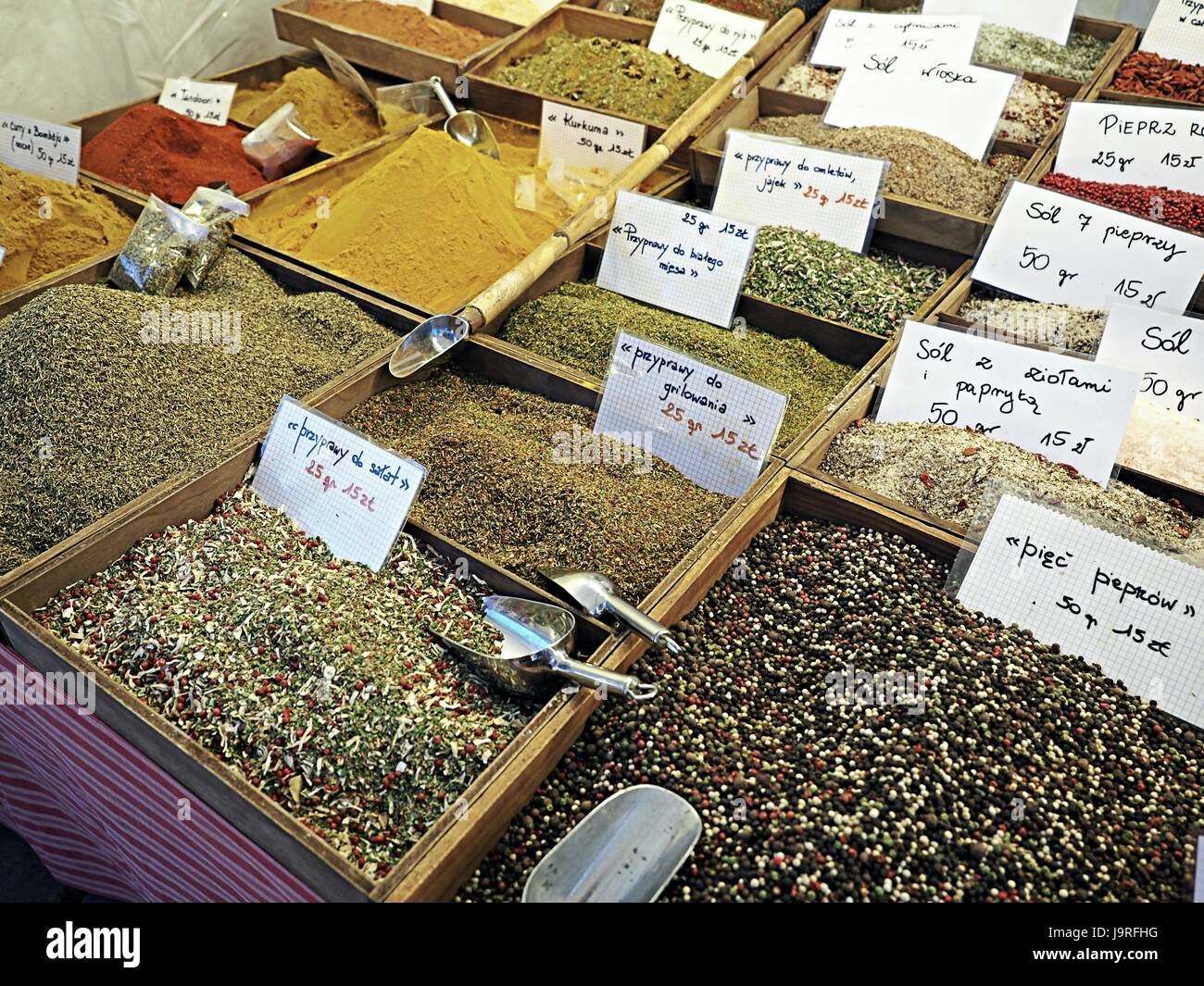 Stall, stand with spices for salad, pepper, chili, colorful, street ...