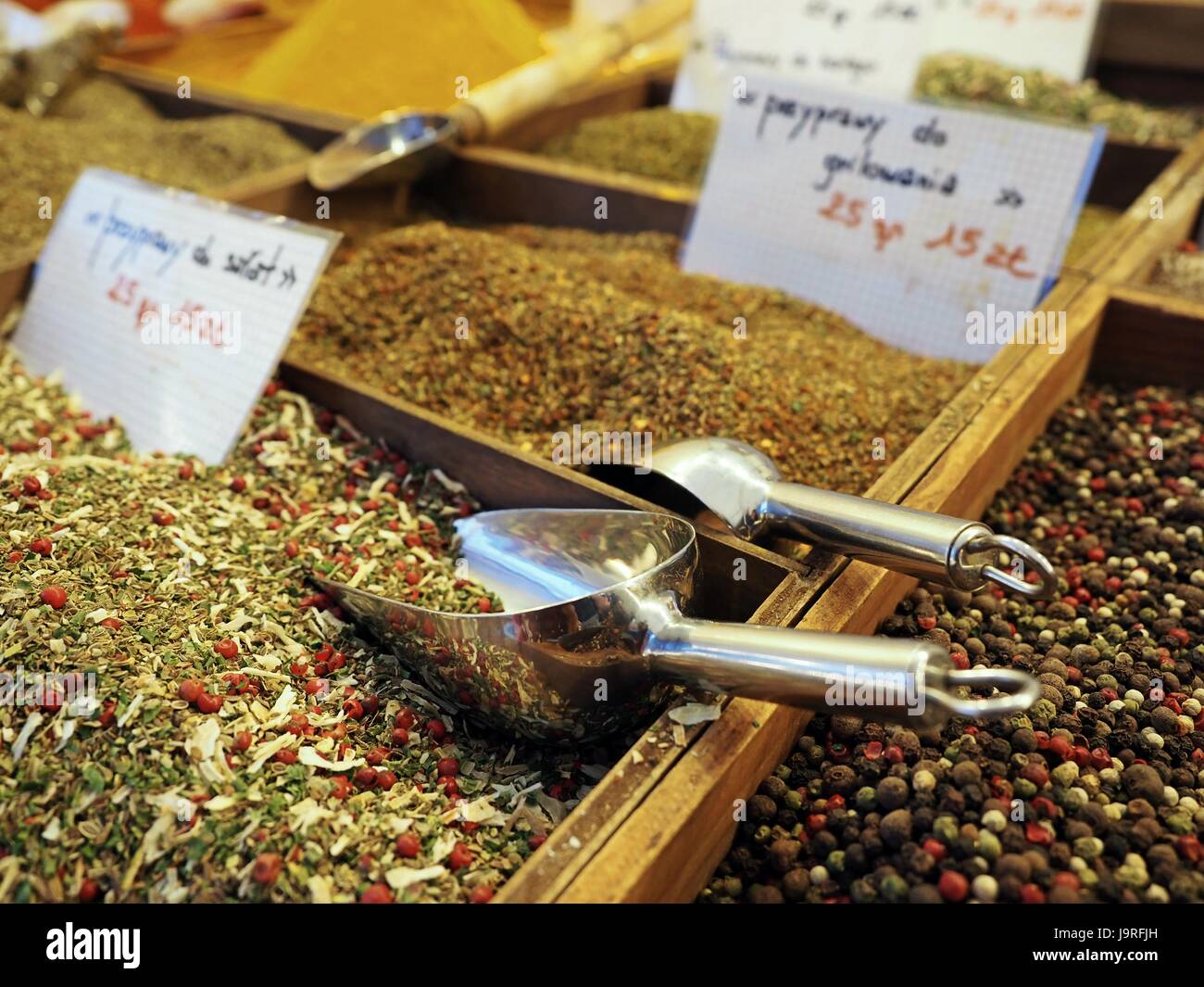 Stall, stand with spices for salad, pepper, chili, colorful, street ...