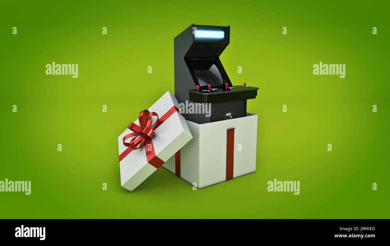 vintage arcade game machine. Gift box concept. 3D rendering Stock Photo ...