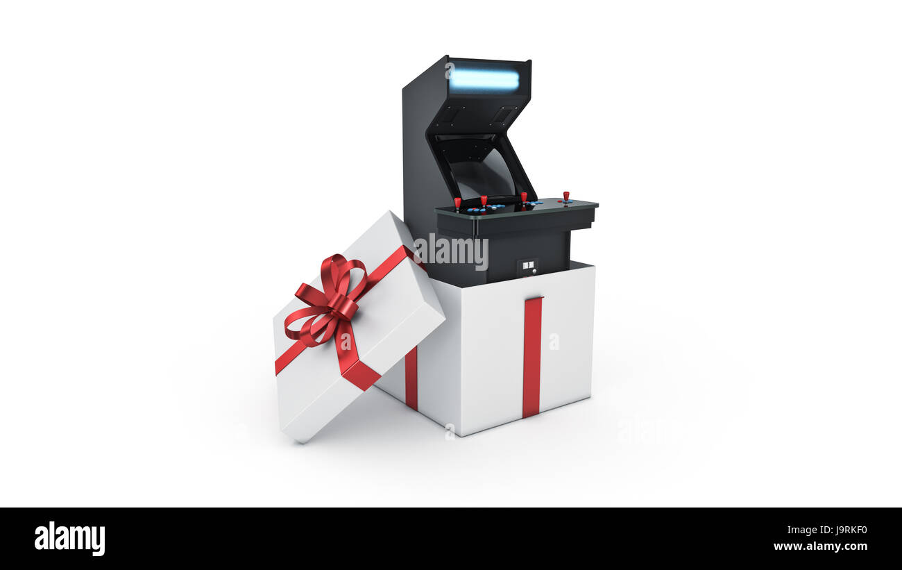 vintage arcade game machine. Gift box concept. 3D rendering Stock Photo ...