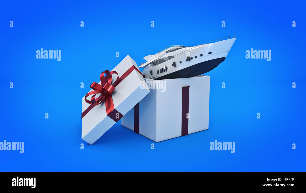 Yacht, luxury boat. Gift box concept. 3D rendering Stock Photo - Alamy
